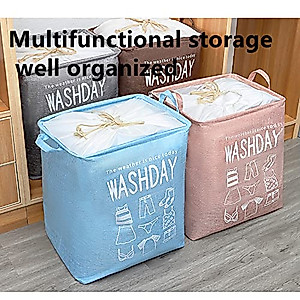 Shellconch Foldable Storage Bin Basket Laundry Basket，Foldable Fabric Storage Bin With Drawstring Cover。Dirty Clothes Hamper for Bedroom.（16.5L x 12.6W x 21.6H） (Blue), L 16.5in * W 12.6in * H 21.6in