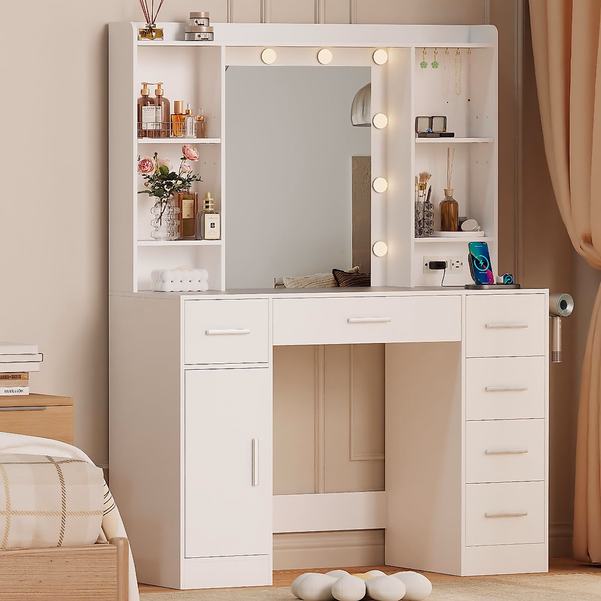 ISHARINGTIME Vanity Desk with Mirror and Lights, Makeup Vanity with Cabinet, Makeup Desk Vanity Table with 6 Drawers & Power Outlet, White Vanity 3 Lighting Modes Brightness Adjustable for Bedroom