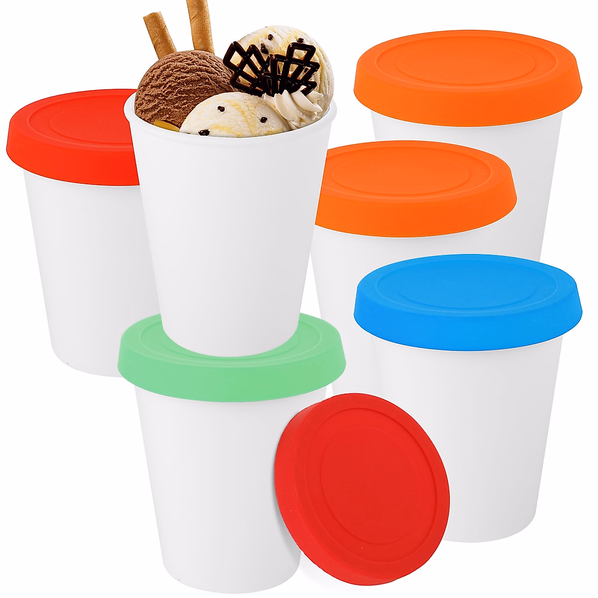 WOPPLXY 6 Pack Ice Cream Containers, 8Oz Freezer Storage Tub with Silicone Lids, Reusable Ice Cream Storage Containers for for Homemade Ice Cream, Sorbet, Dessert - Blue, Red, Green, Orange