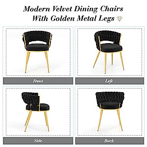 KCC Modern Velvet Dining Chairs Set of 2, Upholstered Living Room Chair with Woven Back and Golden Metal Legs, Mid-Century Accent Side Chair for Living Room, Dining Room, Kitchen, Black