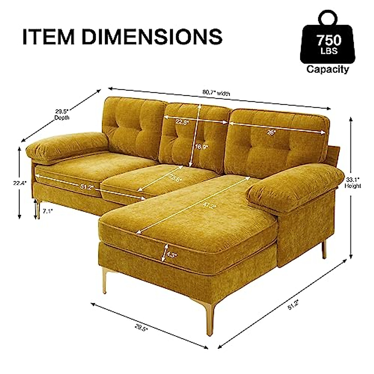 TEKAMON Yellow Sectional Sofa Couch for Living Room, Samll couches for Small Spaces, Chenille Fabric L- Shaped Sofa, Modern Loveseat Sofa with Chaise, Removable Covers，Convertible/Reversible Couch