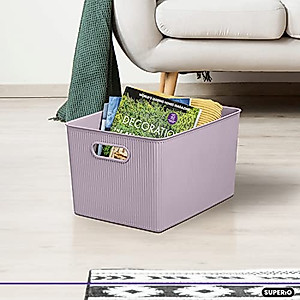 Superio Decorative Plastic Open Home Storage Bins Organizer Baskets, White & Lilac (Set of 2) 2 X-Large - Container Boxes for Organizing Closet Shelves Drawer Shelf - Ribbed Collection