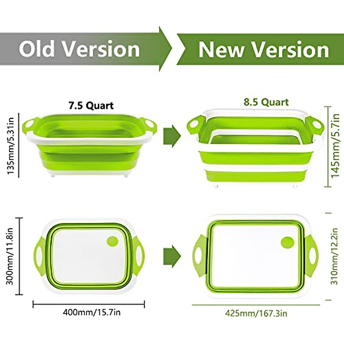 QiMH Collapsible Cutting Board - Portable Washing Veggies Fruits Food Grade Camping Sink (8.5Quart) with Draining Plug - Foldable Multi-function Kitchen Plastic Silicone Basin(Knife Included)