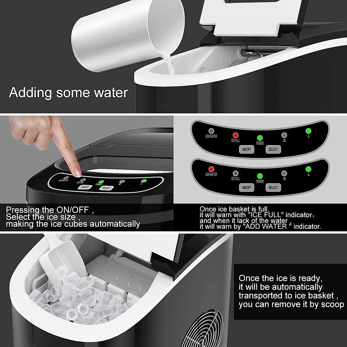 LDAILY Countertop Ice Maker, Make 26 lbs Ice in 24 Hours, Ice Cubes Ready in 6 Mins, High Efficiency Ice Maker with Ice Scoop and Basket, Portable and Compact Ice Machine for Home, Office, Black