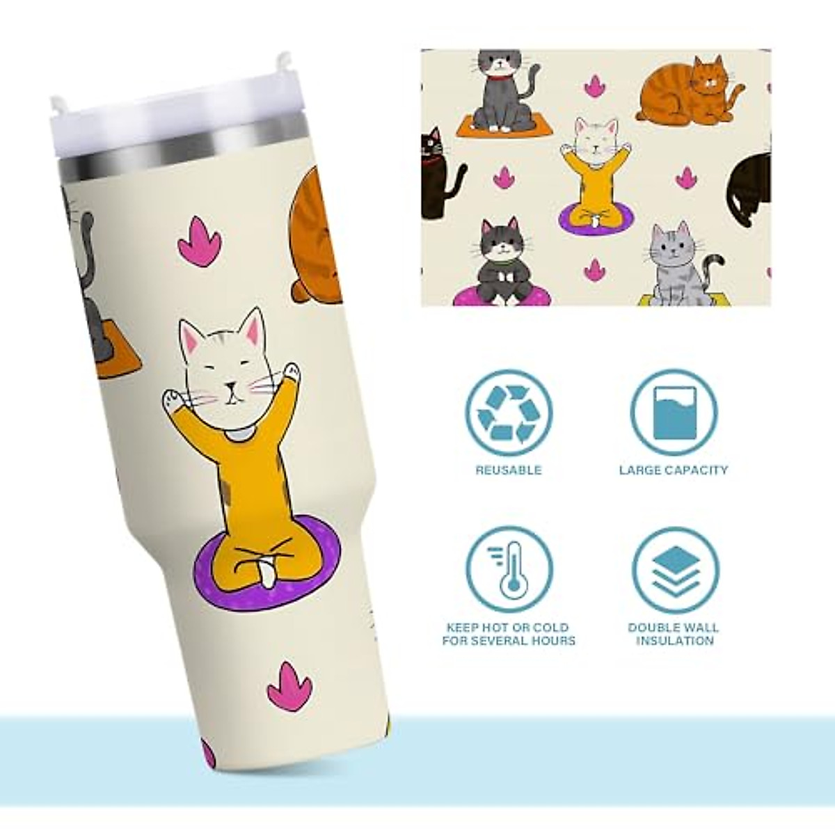 Nexawaveo Cats Doing Different Yoga Poses Beige Tumbler with Handle and Straw 30-40 oz Lid Cup Holder Compatible for Travel Insulated Stainless Steel Cup Food Grade PP Gifts for Him Her BPA-free