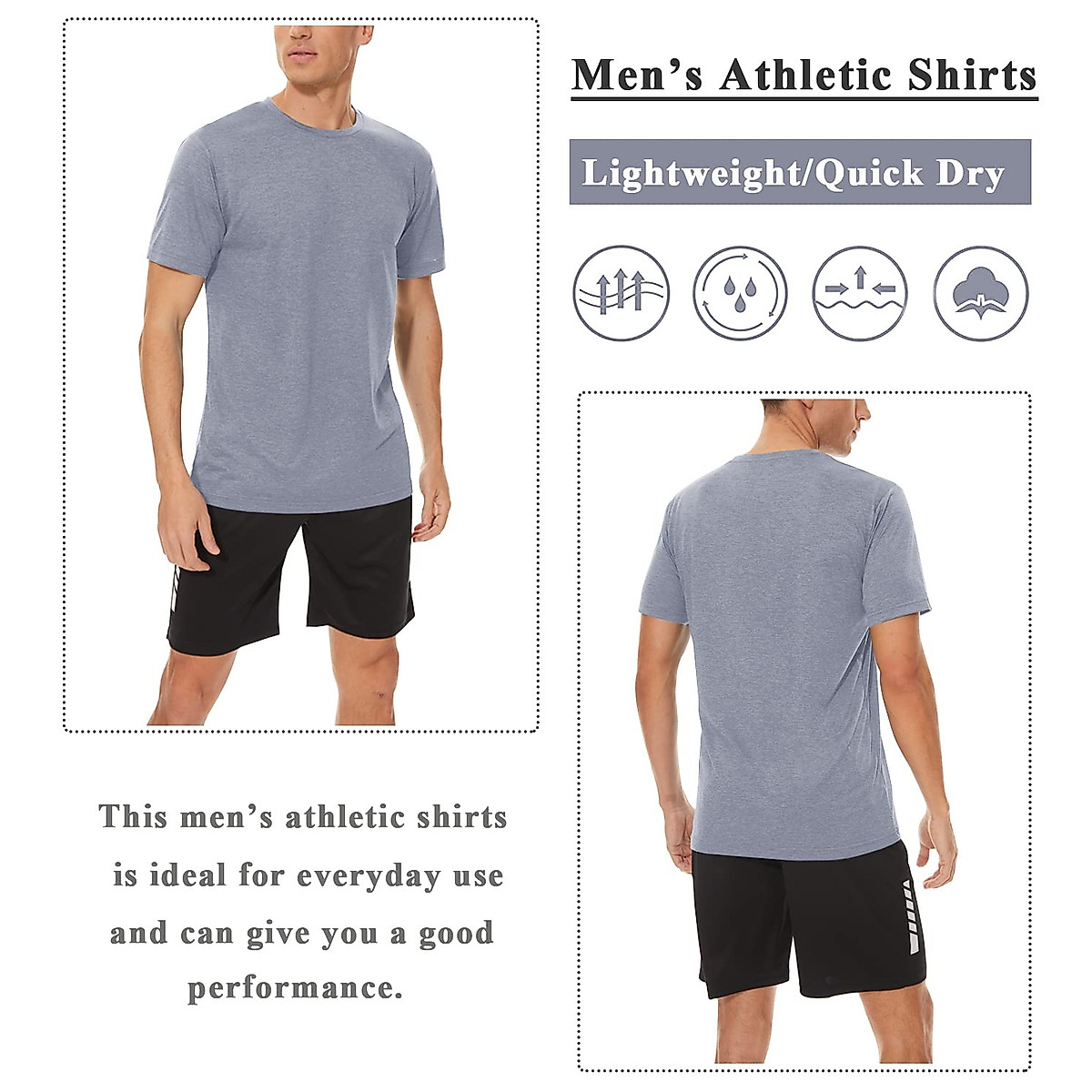 KEFITEVD Athletic Shirts for Men Breathable Quick Dry Gym Training Outdoor Running T-Shirt Short Sleeve Cool Shirt Light Grey