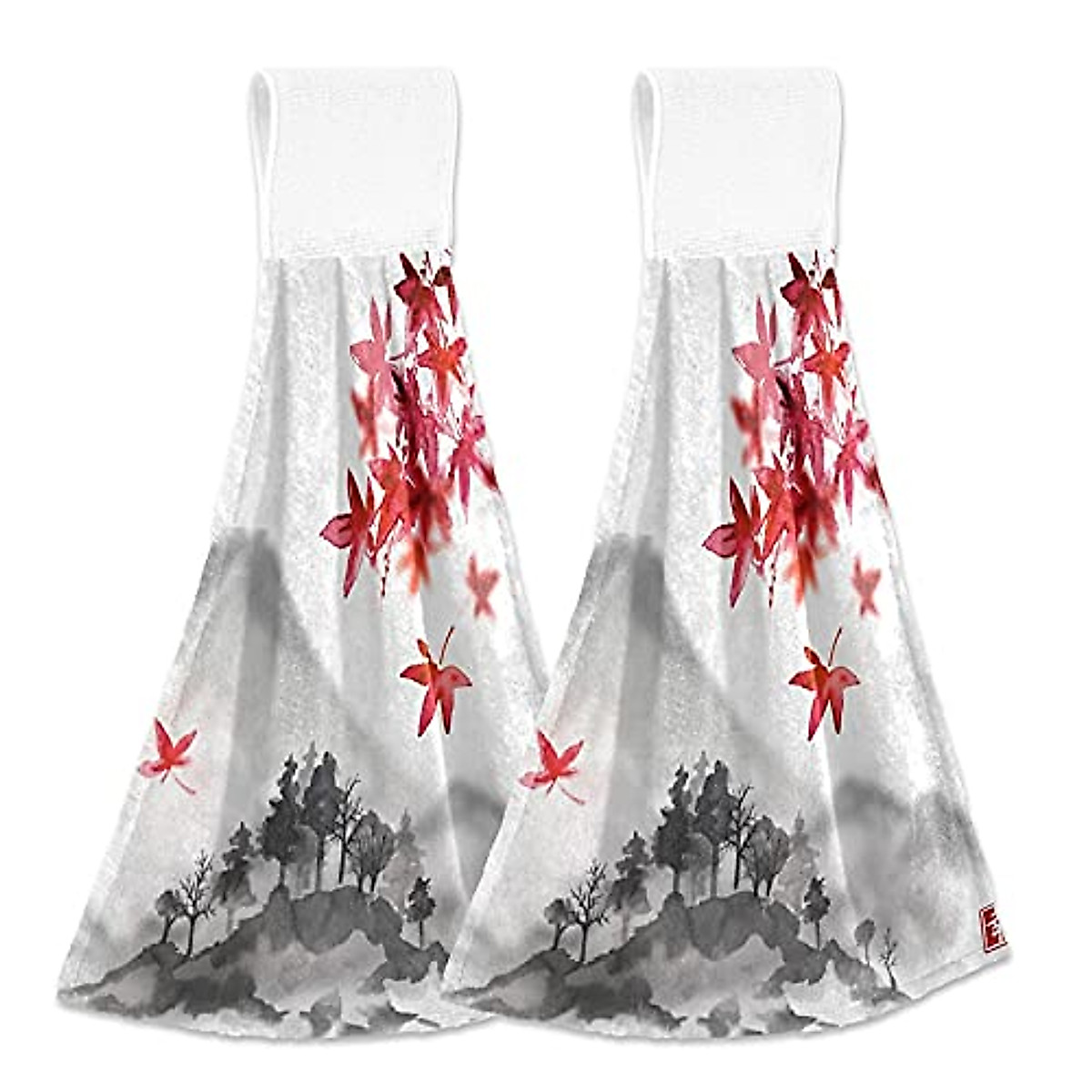 2 Pack Fall Red Maple Leaves Hanging Kitchen Towel with Loop Ink Japanese Mountains Hand Towels Soft Microfiber Coral Velvet Dish Towel for Bathroom Washcloth Absorbent Tie Towel …