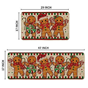 Artoid Mode Gingerbread Candy Cane Christmas Kitchen Mats Set of 2, Winter Home Decor Low-Profile Kitchen Rugs for Floor - 17x29 and 17x47 Inch