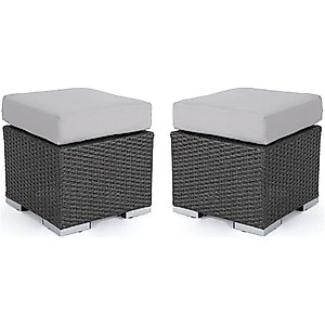 GDFStudio Outdoor 16 Inch Grey Wicker Ottoman Seat with Silver Water Resistant Cushion (Set of 2)