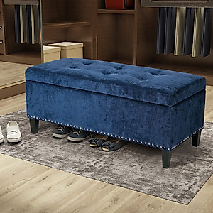 Joveco Storage Ottoman Bench Microfiber Rectangular Button Tufted Footstool Storage Room Organizer (Dark Royal Blue)