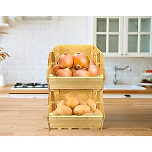 ROYALHOUSE Bamboo Fruit Basket, Stackable Basket, Fruit & Vegetable Storage For Kitchen Countertop, Bamboo Fruit Bowl, Tabletop Fruit Serving Bowl (Pack of 2)