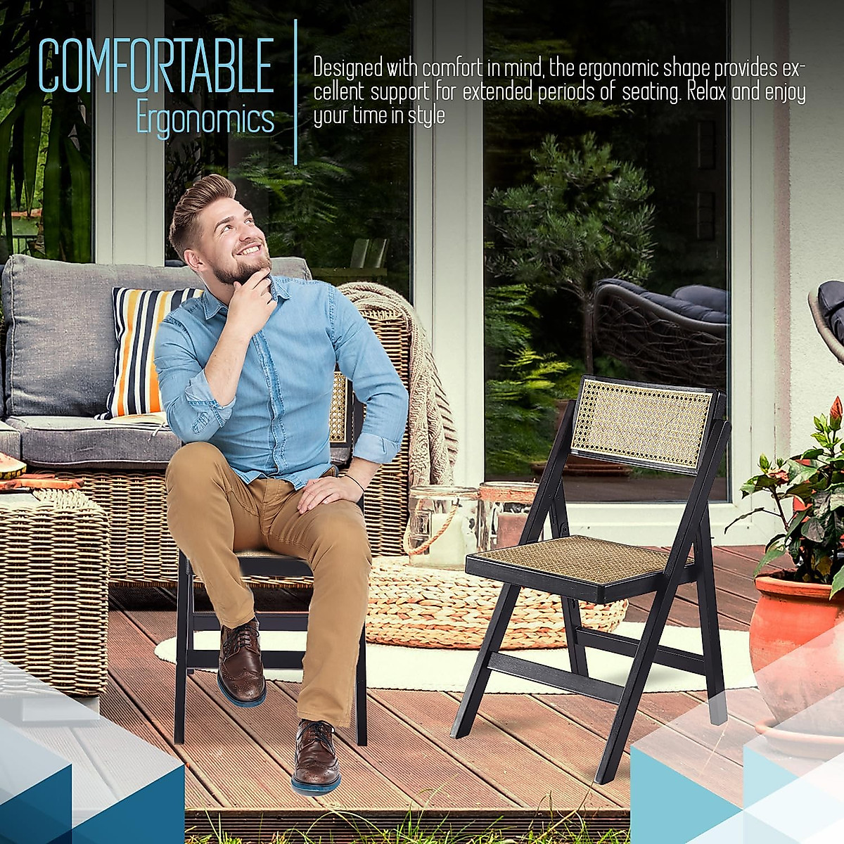 ISL Furnishings Ibiza Rattan Folding Chair, Deep Black Set of 2 – Modern Foldable Rattan Chairs for Outdoor Dining, Patio, Accent Chair for Living Room and Office, Space-Saver Design