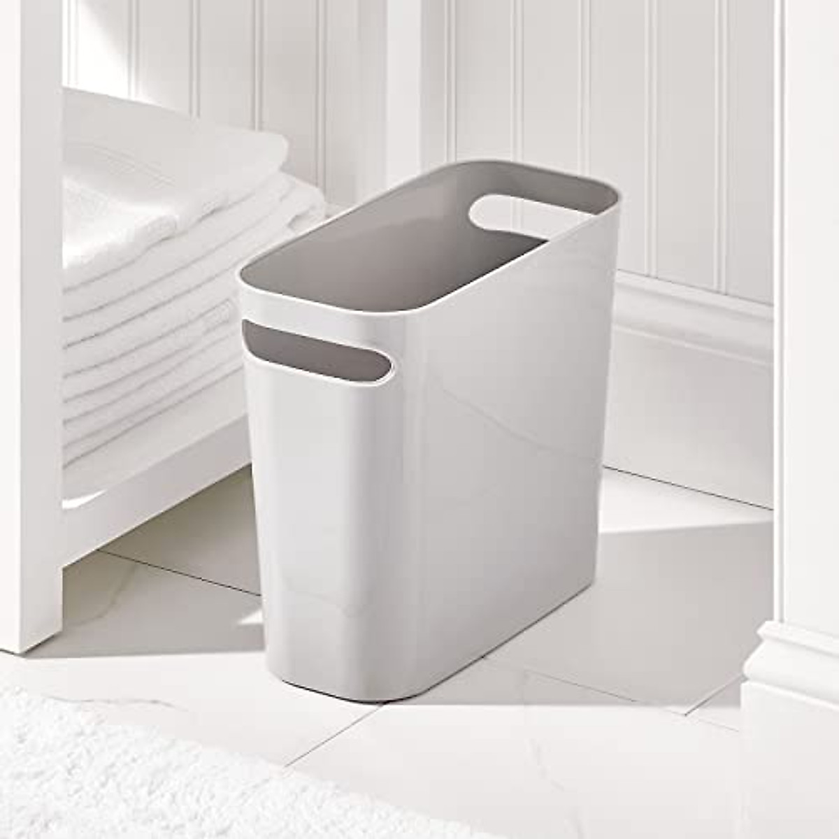 mDesign Plastic Small Trash Can, 1.5 Gallon/5.7-Liter Wastebasket, Narrow Garbage Bin with Handles for Bathroom, Laundry, Home Office - Holds Waste, Recycling, 10" High, Aura Collection, 2 Pack, Gray
