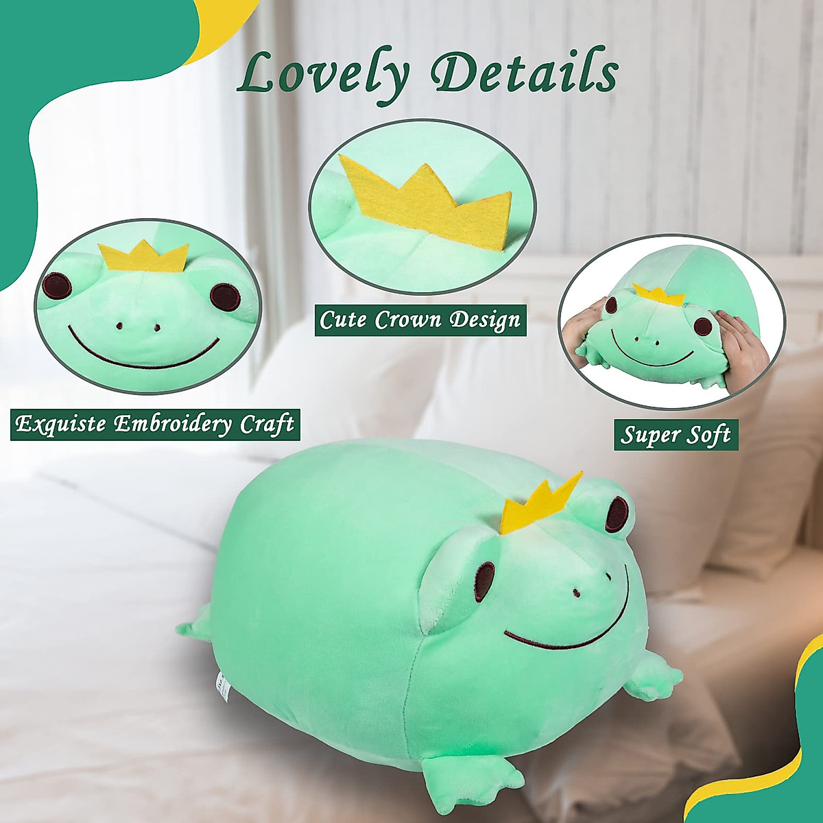 CAZOYEE Cute Frog Plush, Stuffed Animal Soft Toy, Adorable Cool Pillow & Plushies for Kids, Bedroom Decor, Gift Idea