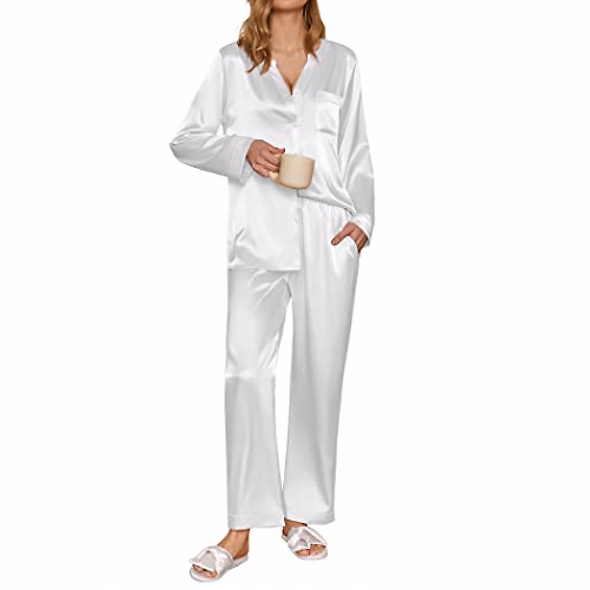 Ekouaer Silk Pajamas Set for Women Long Pant Satin Long Sleeve Sleepwear Tops Two Piece Pjs Bridal Party