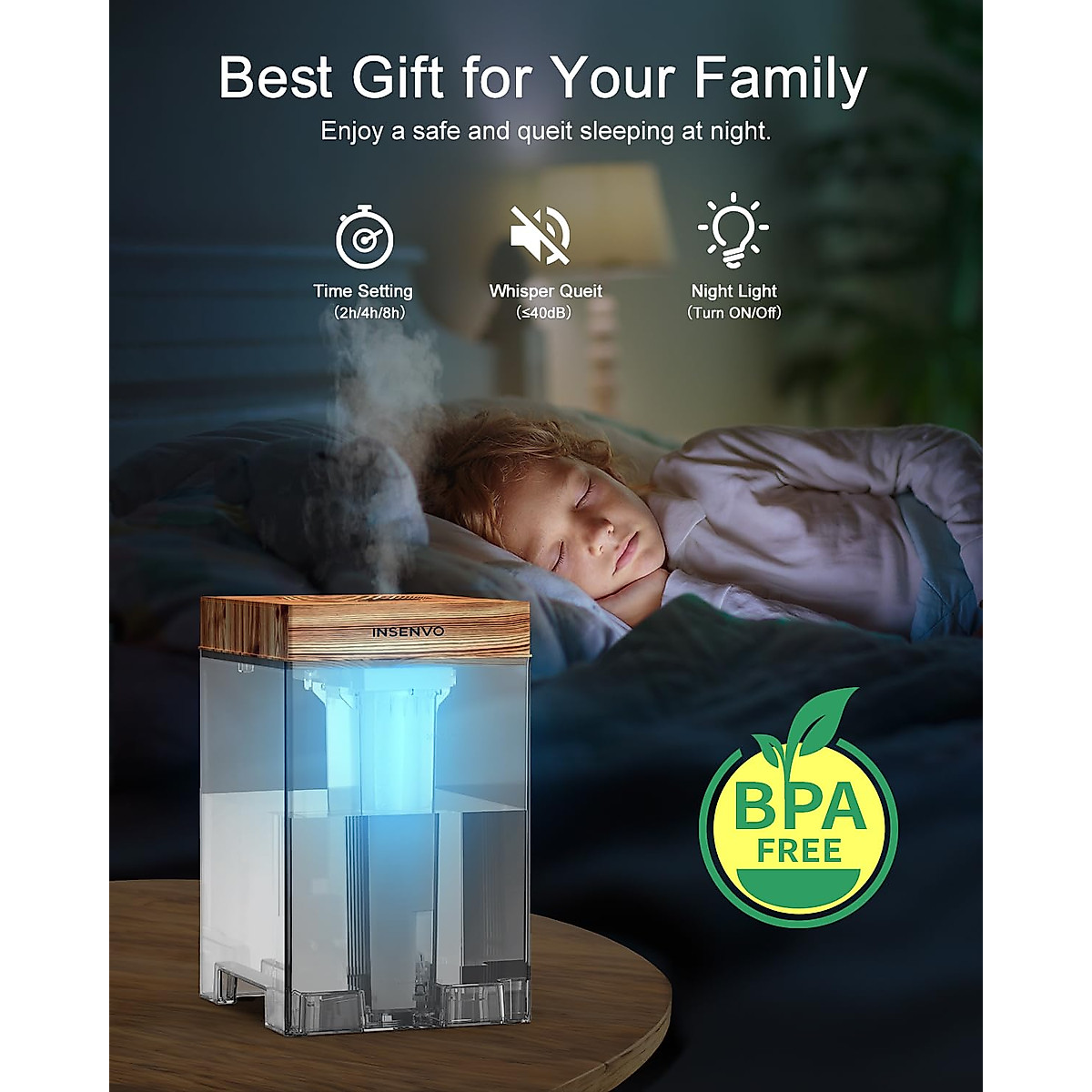 INSENVO Humidifier 7.5L for Bedroom, Anti-leak Design&Top Fill, Ultrasonic Cool Mist Air Humidifers Indoor for Baby&Plants, Disassemble&Clean Easily, Visualized Outlook, Auto Shut-off, Wood Pattern