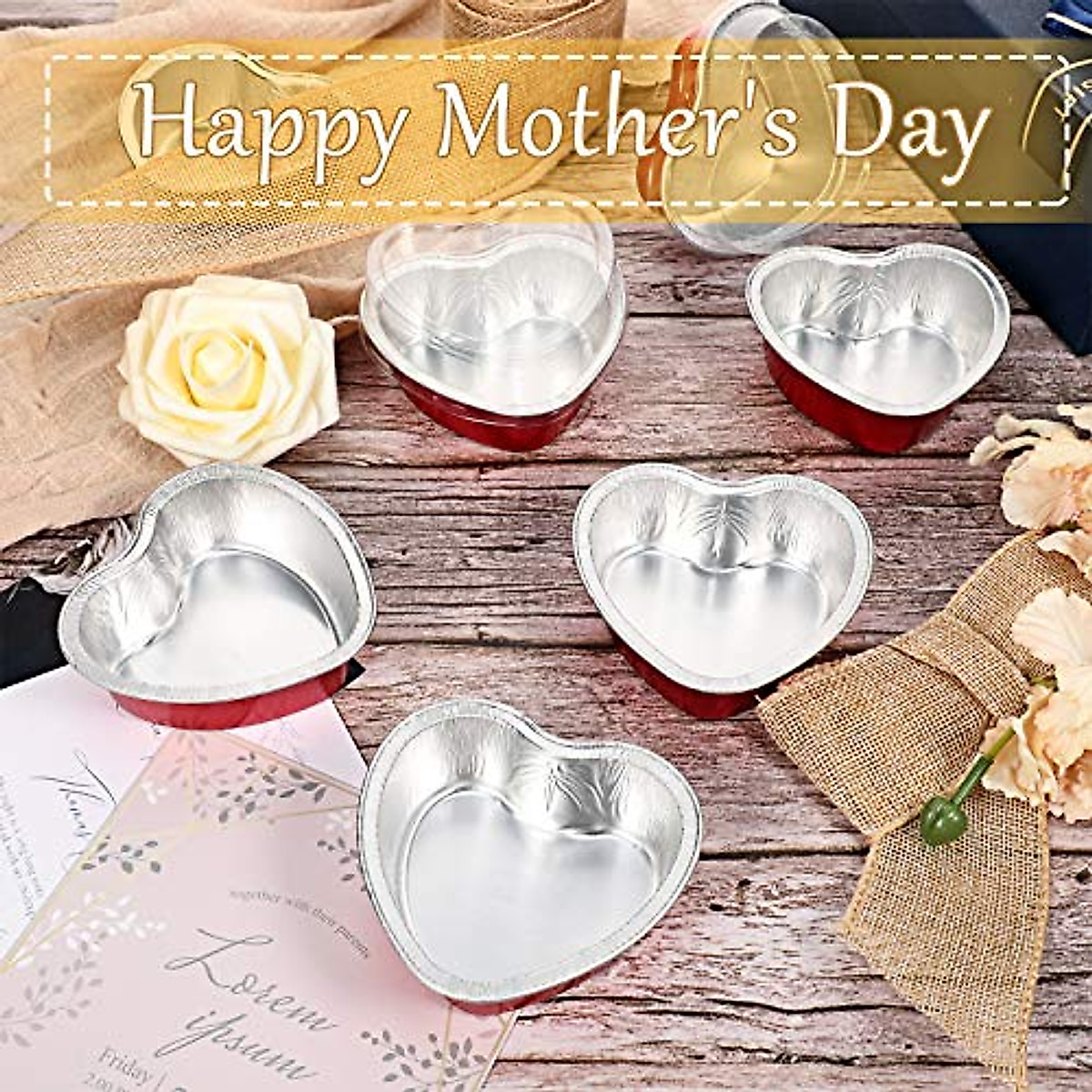 Aluminum Foil Cake Pan Heart Shaped Cupcake Cup with Lids 100 ml/ 3.4 Ounces Disposable Mini Cupcake Cup Flan Baking Cups for Valentine Mother's Day Wedding Xmas Birthday (Red,40 Sets)
