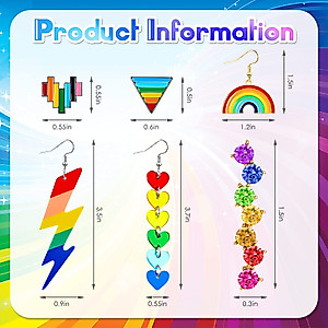 6 Pairs Rainbow Earrings Pride Earrings Rainbow Mesh Drop Clip On Earrings Lightweight Chain Rainbow Earrings Love Wins Dangle Post Earrings Round Heart Rainbow Drop Earrings for Women (Cute Style)