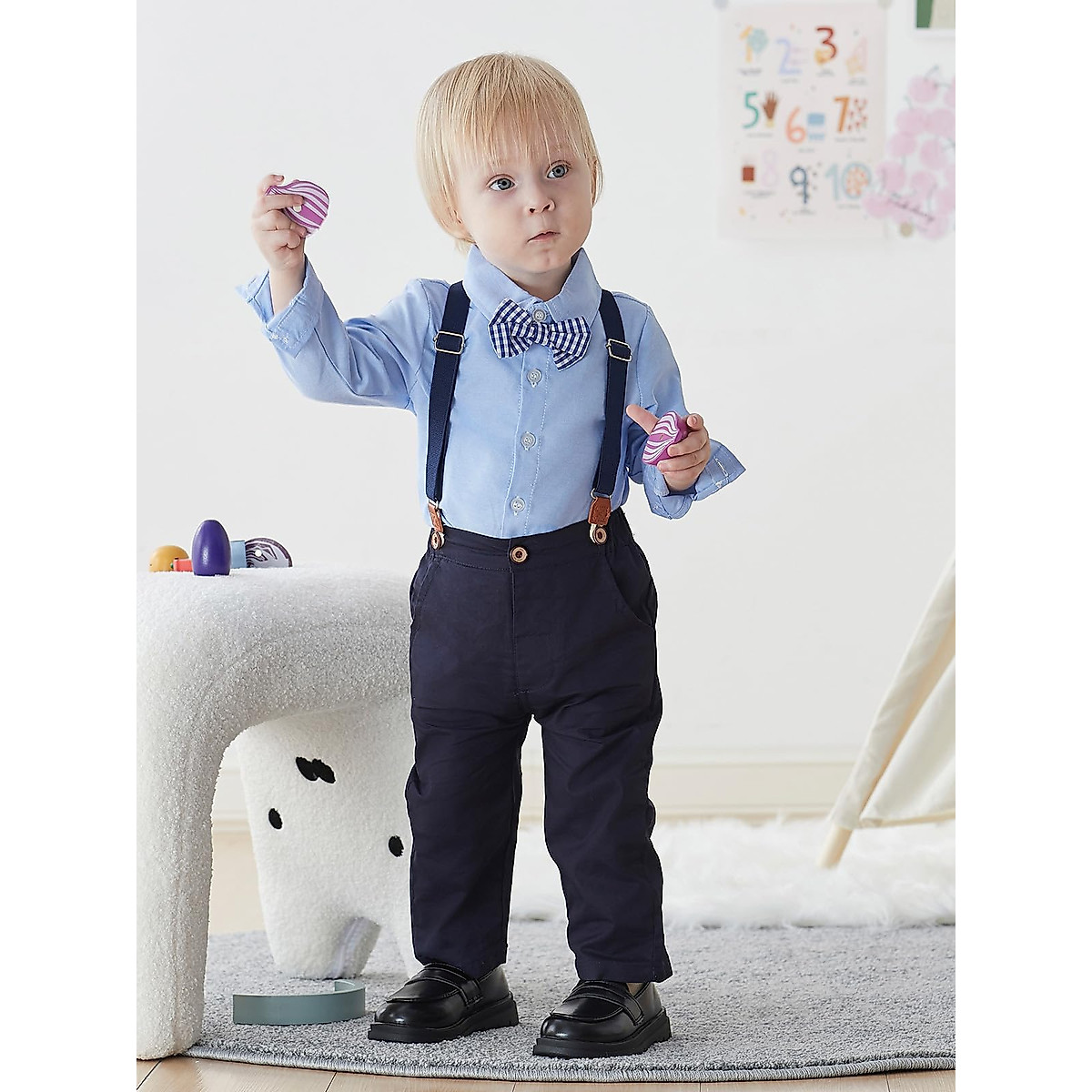 SALNIER Toddler Dress Suit Baby Boys Clothes Sets Bowtie Shirts + Suspenders Pants 3pcs Gentleman Outfits Suits 6 Month - 6 Years (Blue005 3T)