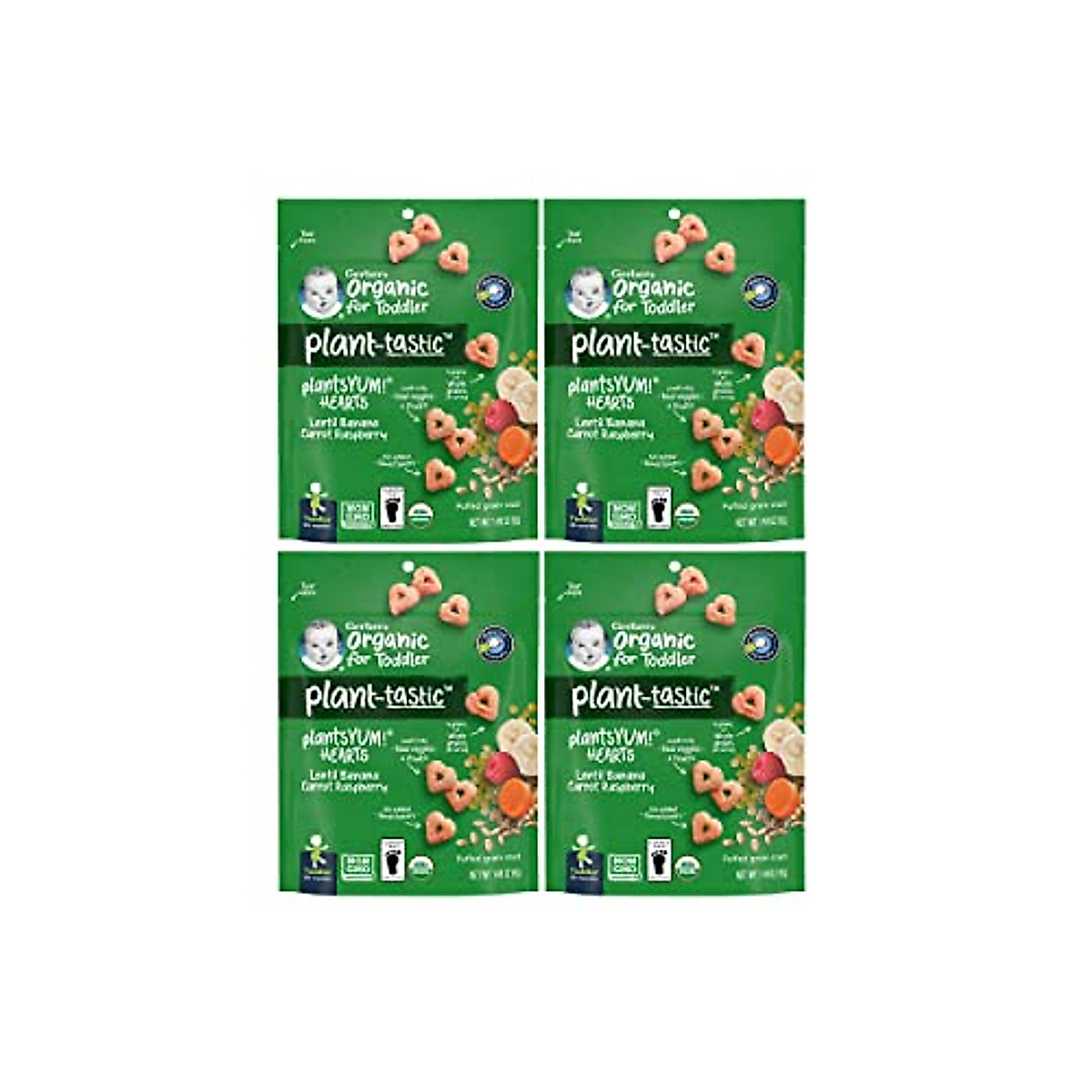 Gerber Organic Baby Food, Toddler, Plant-tastic, plantsYum Hearts, Lentil Banana Carrot Raspberry, 1.48 oz, Pack of 4