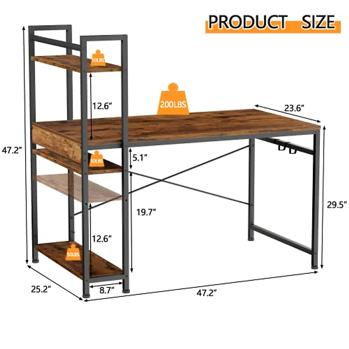 Engriy Computer Desk with 4 Tier Shelves for Home Office, 47" Writing Study Table with Bookshelf and 2 Hooks, Multipurpose Industrial Wood Desk Workstation with Metal Frame for PC Laptop, Rustic Brown