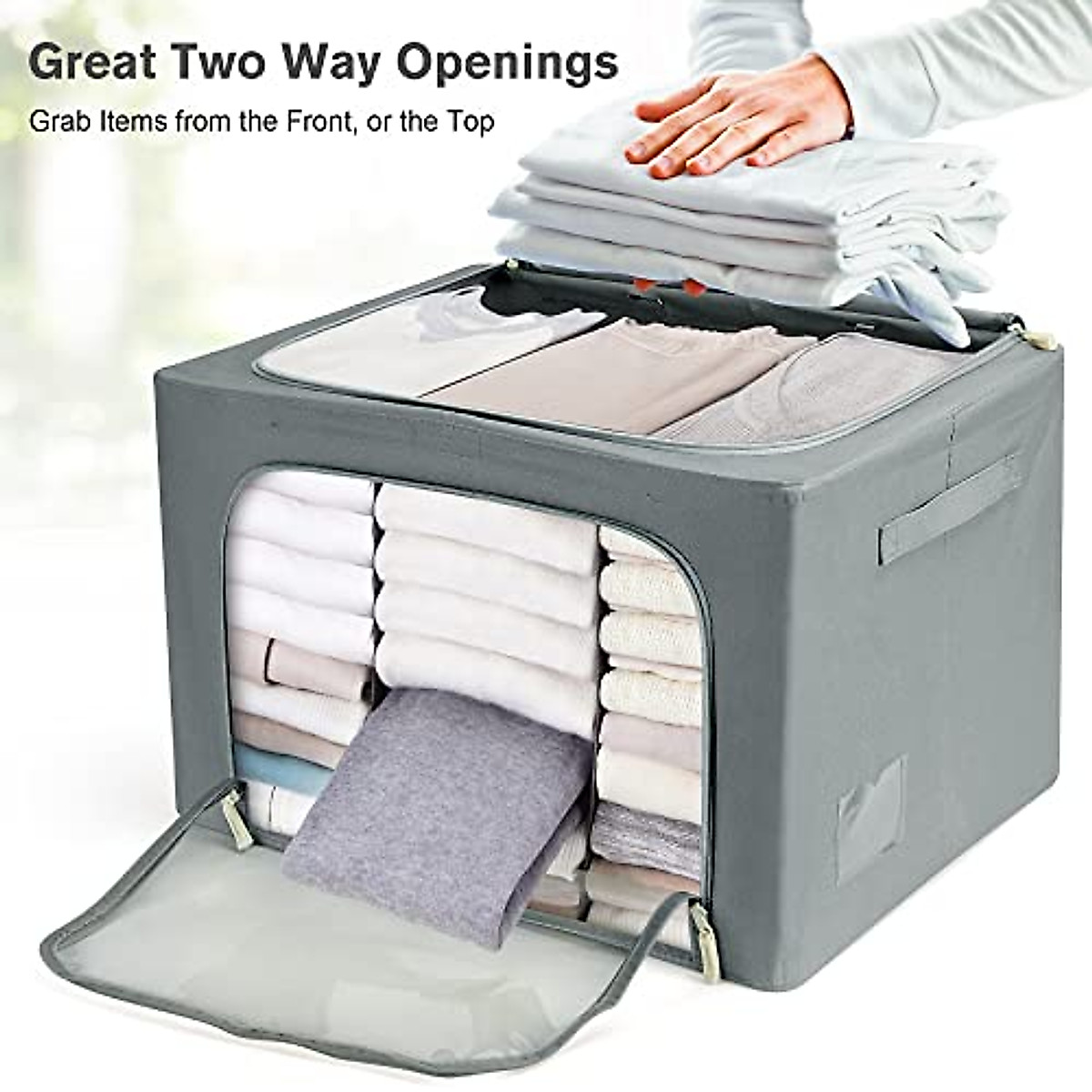 2 Pack Clothes Storage Bins, Stackable Oxford Frame Storage Box, Clothing Organizer Containers, Foldable Storage Bag for Closet, Living Room with Clear Window.(Grey,19.7*15.7*13inch,66L)