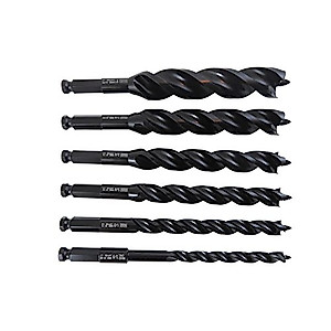 WoodOwl 6 Piece Set with 3/8", 1/2”, 5/8", 3/4”, 7/8" and 1” x 7-1/2” Long Ultra Smooth Tri Cut Auger Hand Brace Boring Bit PTEE coated 09703-09713