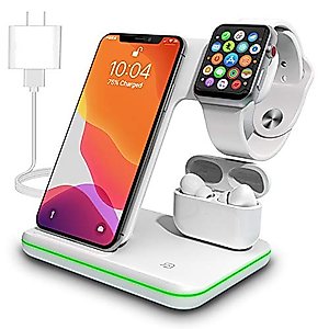 Charging Station for iPhone Multiple Devices, Foldable 3 in 1 Fast Charging Stand Dock for AirPods 3/2/1/Pro & iPhone 6-14 Series, Apple Watch Charger for Apple Watch Series with Adapter