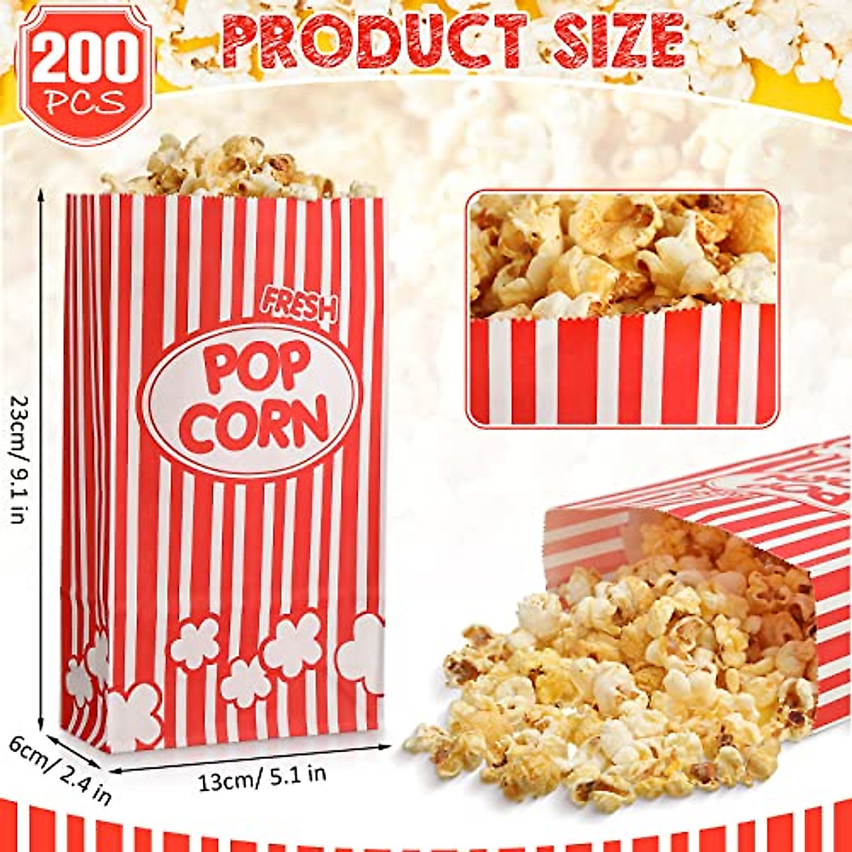 Popcorn Bags Paper Bags Grease Resistant Popcorn Container Single Serving 2 oz Paper Sleeves Red/White Leak Proof Flat Bottom for Movie Theme Party Supplies Retro Carnivals Fundraisers (200 Pcs)