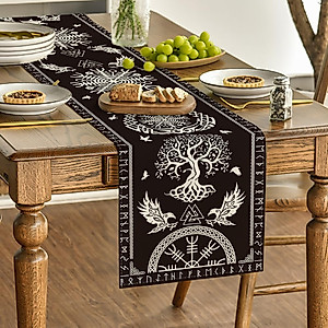 Artoid Mode Black Viking Tree of Life Raven Helmet of Awe Table Runner, Seasonal Kitchen Dining Table Decoration for Home Party Decor 13x72 Inch