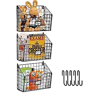 Hanging Metal Wire Storage Basket - X-cosrack 3 Tier Office Wall File Organizer With Hook & Foldable Magazine Mail Document Rack & Bathroom Kitchen Vegetable Fruit Spice Baskets Organizing and Storage