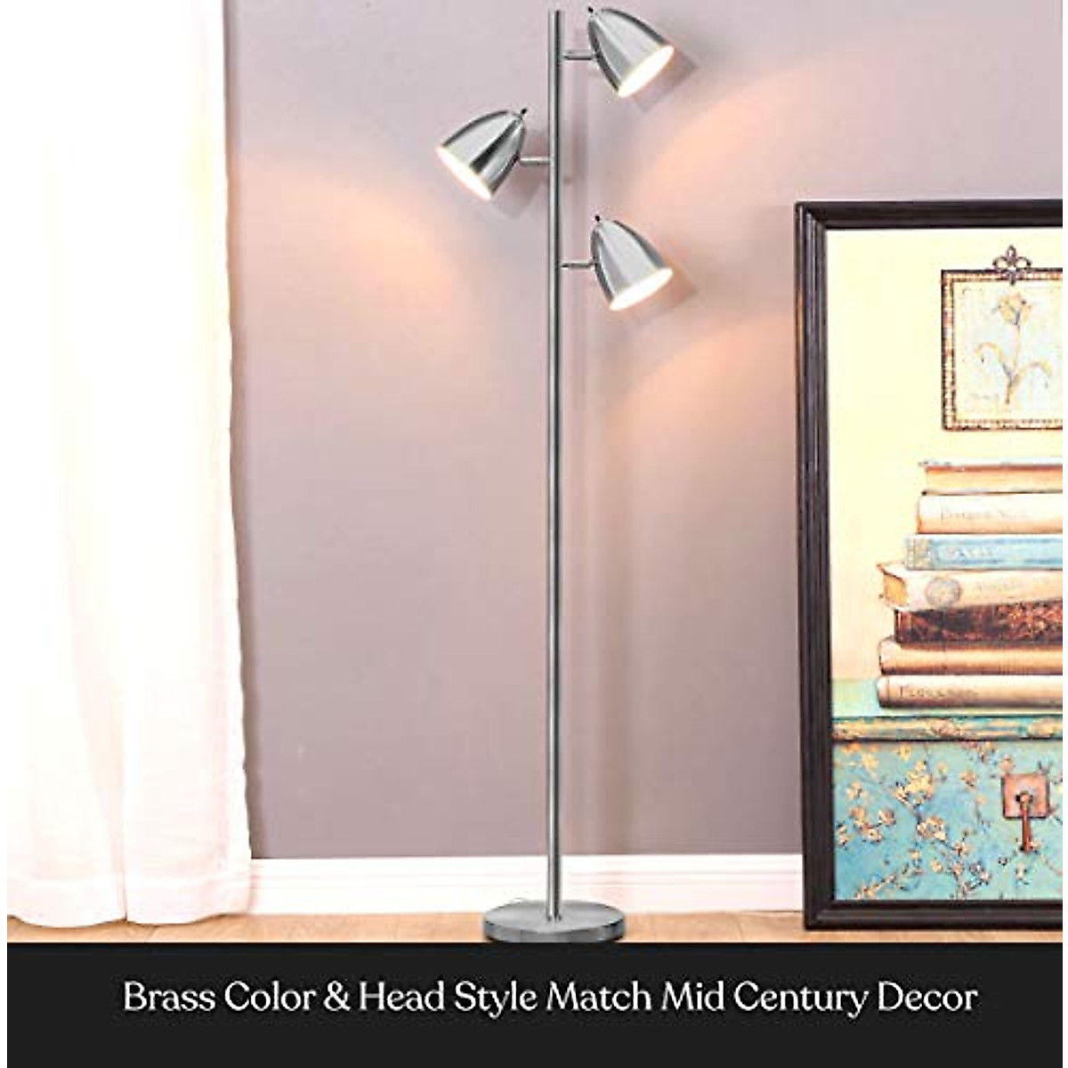 Brightech Jacob LED Standing Lamp, Modern Bright Floor Lamps for Living Rooms & Bedrooms, Tall LED Lighting Lamp with Adjustable 3 Light Tree – Satin Nickel