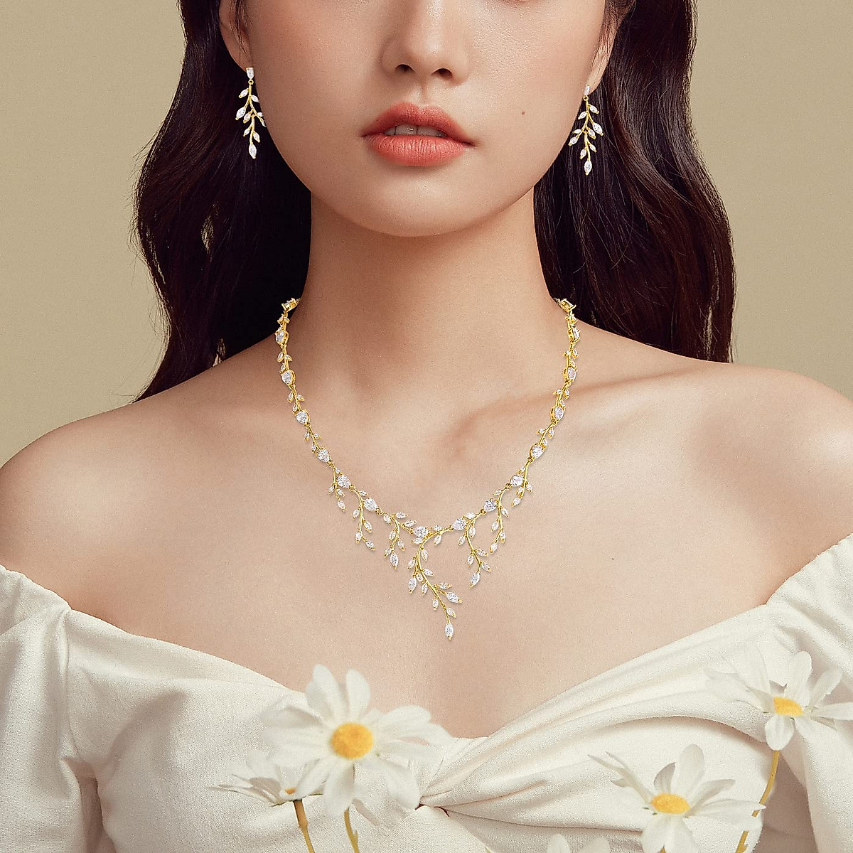 WeimanJewelry Women Marquise Cut Cubic Zirconia Leaf Bridal Y-Necklace and Dangling Earring Jewelry Set for Wedding (Gold style 2)