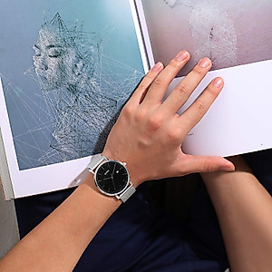 BUREI Men Black Dial Silver Mesh Band Watches Minimalist Analog Quartz Watches for Men Gifts for Men