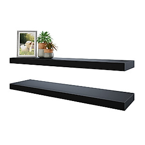 BAMEOS Floating Shelves, Black Wall Mounted Wooden Shelves with Invisible Brackets Set of 2, Hanging Wall Shelves Decoration for Bedroom and Kitchen