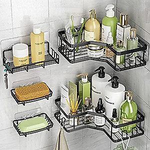 MAXIFFE Corner Shower Caddy, 5-Pack Shower Organizer, Large Capacity Stainless Steel Shower Caddy Bathroom Organizer Shower Shelves, No Drilling Rustproof Corner Shower Shelf, with 12 Hooks, Black