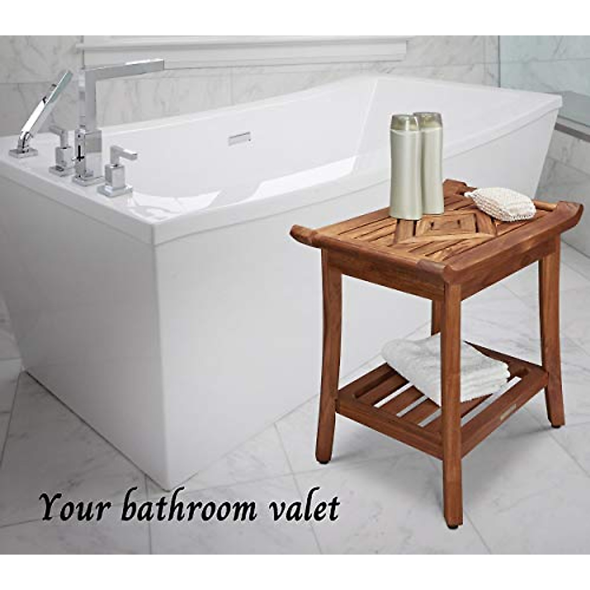 Luxury Teak Shower Bench Stool Seat Chair with Leveling Feet, Waterproof, Teak Oil Finish, Large, 25x19x14, for Bathroom, Spa, Sauna, Pool Deck, Patio, Garden, RV, from Our Diamond Collection