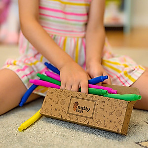 nutty toys 10pk Pop Tubes Sensory Toys (Mini) Fine Motor Skills Learning Toddler Toy for Kids Top ADHD Autism Fidget 2024 Best Preschool Boy Girl Gift Idea Unique Christmas Toddler Stocking Stuffers