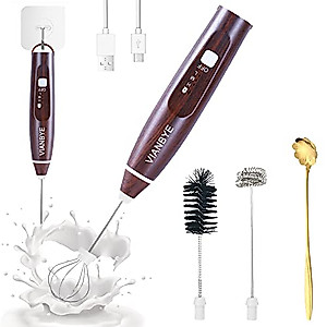 Milk Frother Handheld - Handheld Electric Blender Portable Coffee Frother USB Rechargeable 3 Speed Milk Frother with 2 Stainless Steel Blenders and 1 Cleaning Brush 1 Blending Spoon