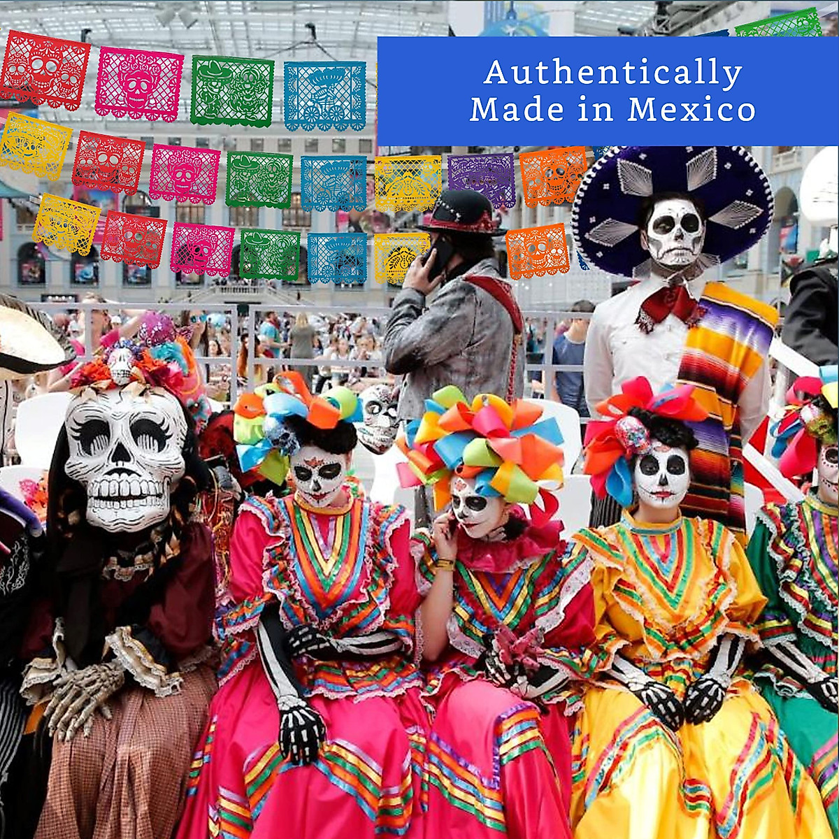 Mexican Party Banners (5 Pack - 10 Plastic Flag Designs per Banner) - Papel Picado Dia de Los Muertos Decorations for Altar - Day of The Dead Banners - Day of Dead Décor