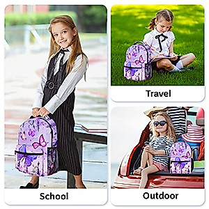 Lamtwbos Purple Butterfly Lavender Kids Backpacks for Girls Middle-School Elementary Bookbags 17 Inch Waterproof Lightweight Schoolbag for Kids