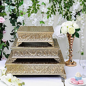 Efavormart 22” Gold Square Embossed Metal Cake Plateau Stand Riser Wedding Birthday Party Dessert Cake Pedestal Display Plate