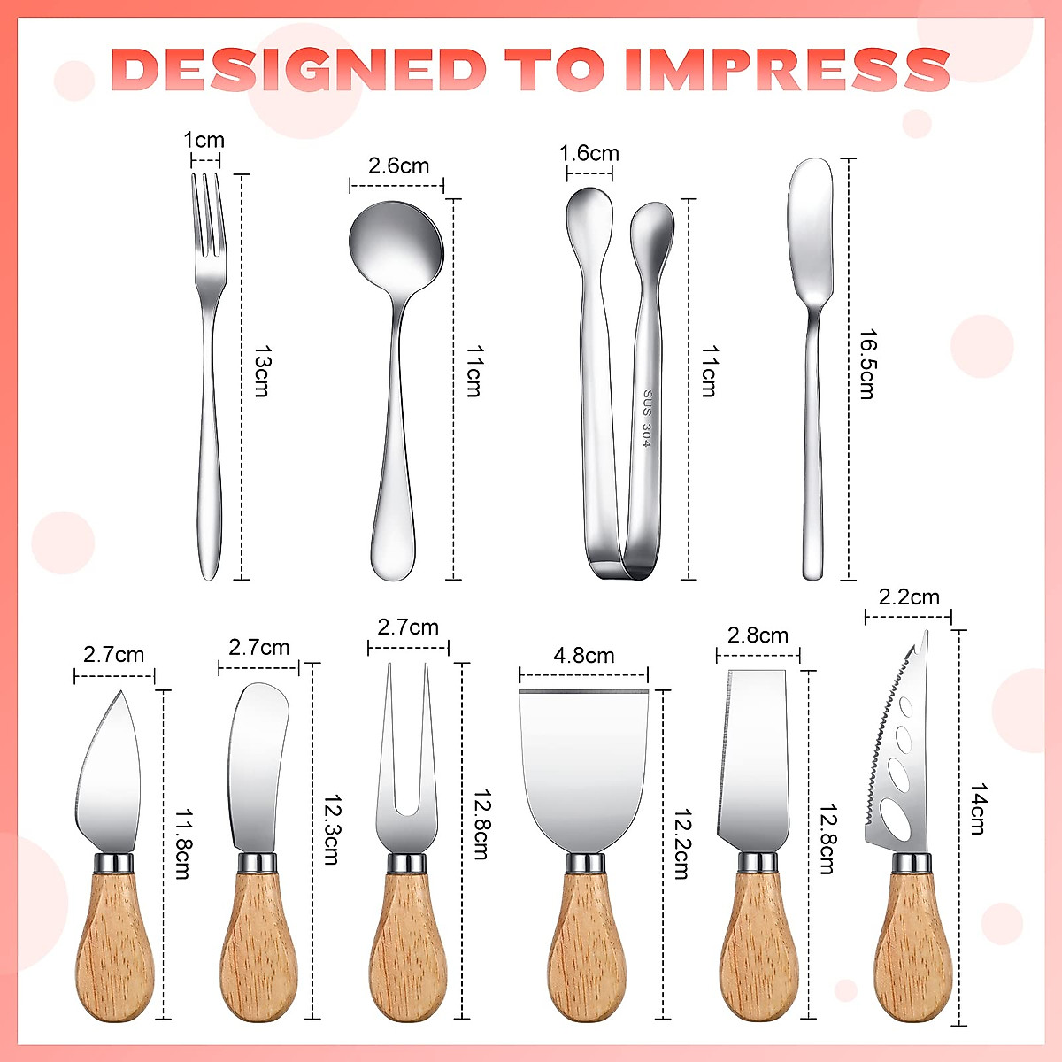 48 Pieces Cheese Knife Set Include 8 Pieces Stainless Steel Cheese Spatula Set with Wooden Handles 40 Pieces Stainless Steel Cheese Spatula Set for Birthday Wedding Christmas