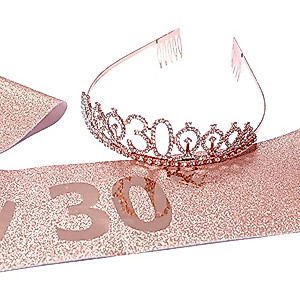 JunyRuny Dirty 30 Birthday Decorations for Her Birthday Sash and Tiara Rose Gold Crown Birthday Gifts for Women 30-Year-Old Happy Birthday Decorations 30th Birthday Party Favor Supplies