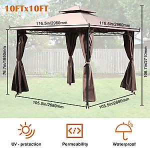 Outdoor Double Roof Hardtop 10' X 10'Gazebo for Patio Grill,Gazebo Large Garden Top Gazebo with Sidewall Party Tent with Curtains & Net（Brown）