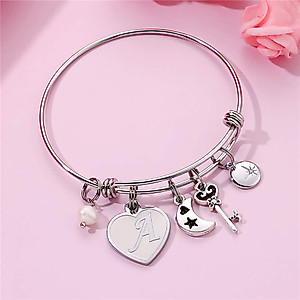 Heart Charm Bracelets For Women - Initial Charm Engraved Letter A Initial Bracelet Stainless Steel Expandable Charms Bangle Bracelets Birthday Jewelry Gifts for Women Teen Girls Bridesmaids Gifts