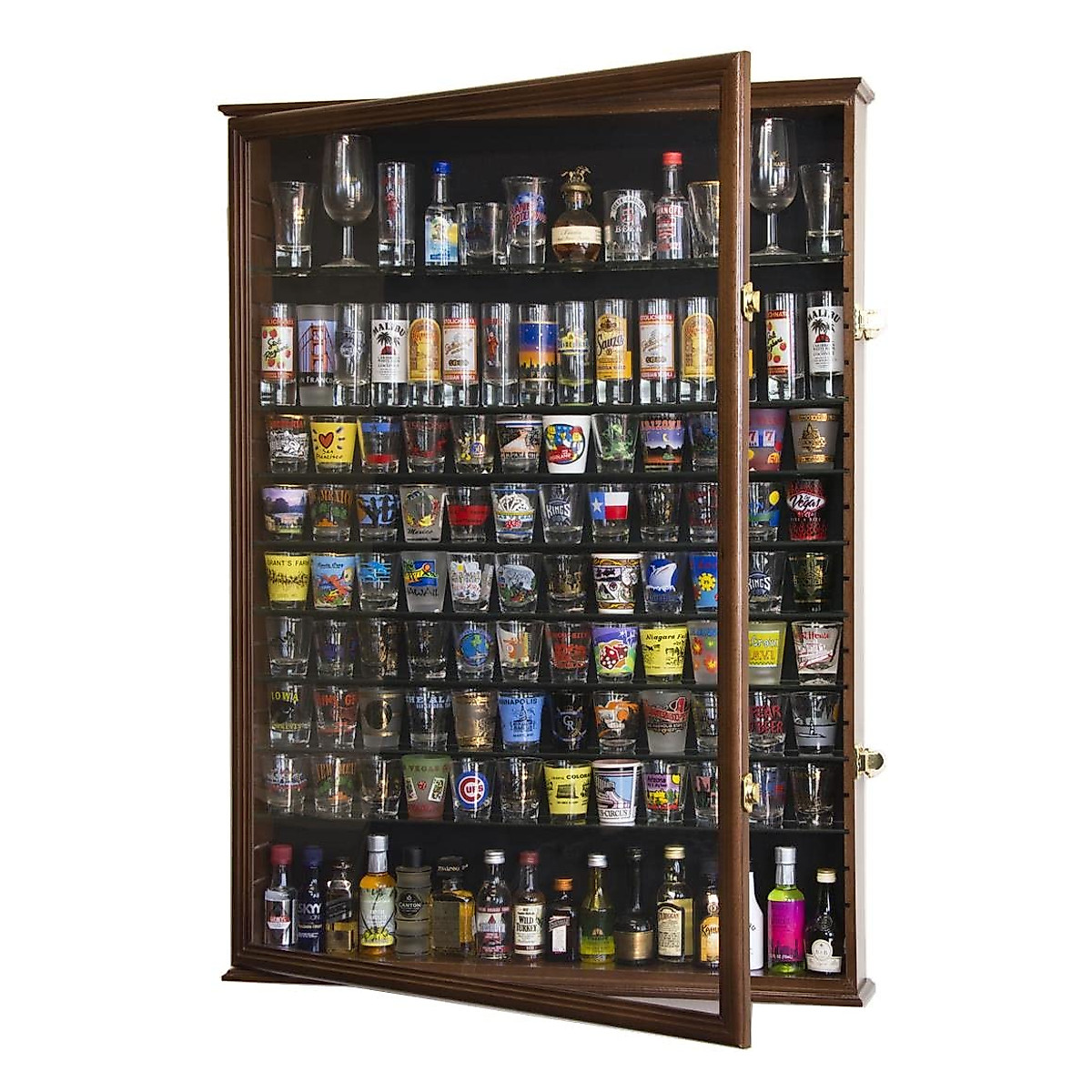 XL Shot Glass Display Case Rack Holder Cabinet for Tall Shooter and Mini Liquor Bottle -Walnut