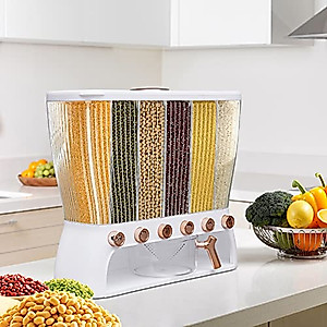 Gdrasuya10 10KG Rice Dispenser, 6-Grid Kitchen Grain Container Storage with Lid, One-Click Output Dry Food Storage with Measuring Cup for Rice, Cereal, Flour, Beans