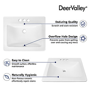 Bathroom Vessel Sink, DeerValley, 21”x18”Rectangular Drop-in Sink for Bathroom Ceramic Vessel Sink White Bathroom Sink Under Counter Modern Art Basin with Overflow and Three Faucet Holes, DV-1DS0122