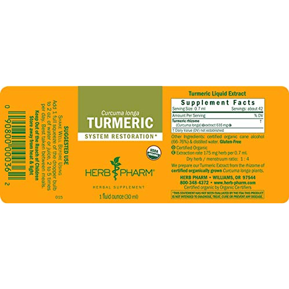 Herb Pharm Certified Organic Turmeric Root Extract for Musculoskeletal System Support - 1 Ounce (DTURM01)